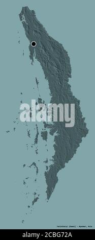 Tanintharyi, division of Myanmar. Colored elevation map with lakes and ...