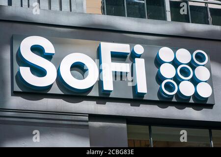 Facade with sign at headquarters of SoFi, San Francisco, California ...