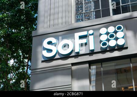 Facade with sign at headquarters of SoFi, San Francisco, California ...