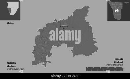 Khomas, region of Namibia. Bilevel elevation map with lakes and rivers ...