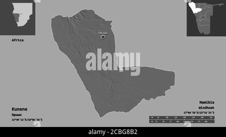 Kunene, region of Namibia. Bilevel elevation map with lakes and rivers ...
