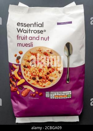 Closeup of a packet of Waitrose own brand fruit and nut muesli standing ...