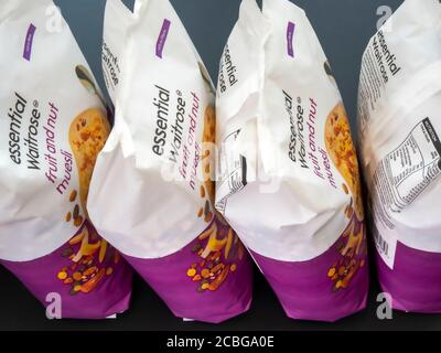 Closeup of a packet of Waitrose own brand fruit and nut muesli standing ...
