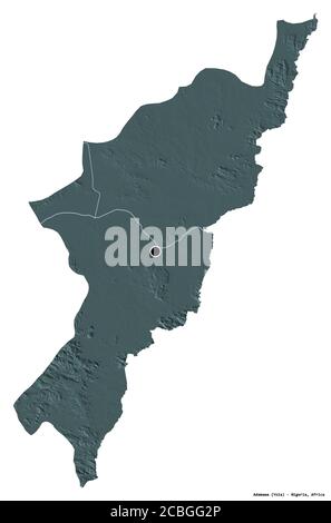 Adamawa, state of Nigeria. Colored elevation map with lakes and rivers ...