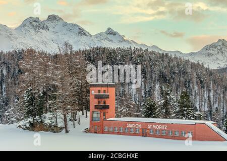 St.Moritz Olympic Ice Rink stadium, Grisons, Switzerland, in winter ...