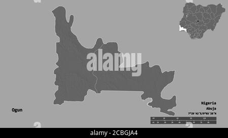 Ogun, state of Nigeria. Bilevel elevation map with lakes and rivers ...