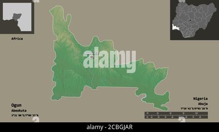 Shape of Ogun, state of Nigeria, with its capital isolated on a solid ...
