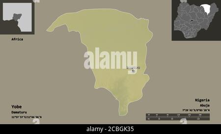 Shape of Yobe, state of Nigeria, with its capital isolated on solid ...