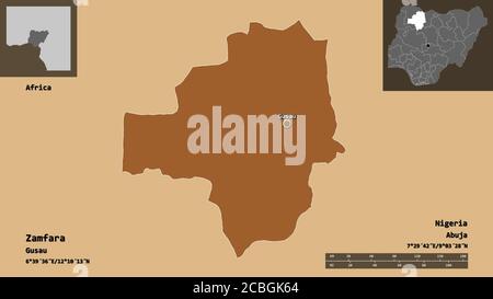 Shape of Zamfara, state of Nigeria, with its capital isolated on white ...