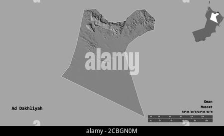 Ad Dakhliyah, region of Oman. Solid color shape. Locations and names of ...