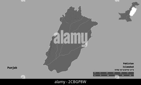 Punjab, province of Pakistan. Bilevel elevation map with lakes and ...