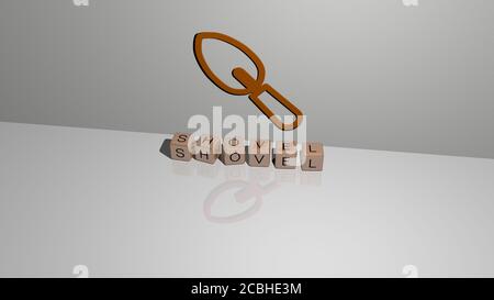 SHOVEL text of cubic dice letters on the floor and 3D icon on the wall ...