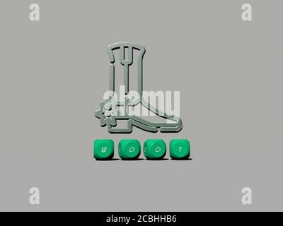 3D illustration of boot graphics and text made by metallic dice letters ...