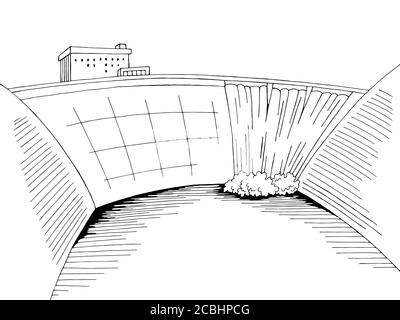 Dam hydropower river graphic black white landscape sketch illustration ...