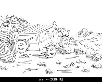 Car travel road graphic black white landscape sketch illustration ...