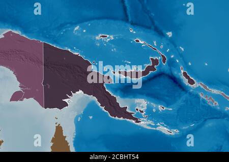 Extended area of outlined Papua New Guinea. Topographic relief map. 3D ...