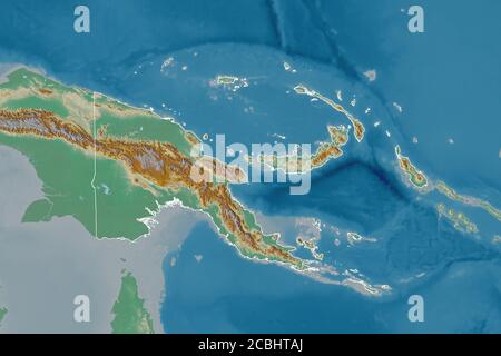 Extended area of outlined Papua New Guinea. Colored elevation map. 3D ...