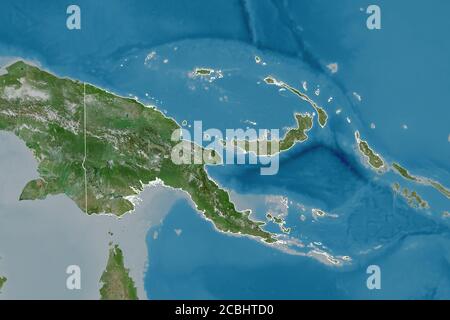 Extended area of outlined Papua New Guinea. Topographic relief map. 3D ...