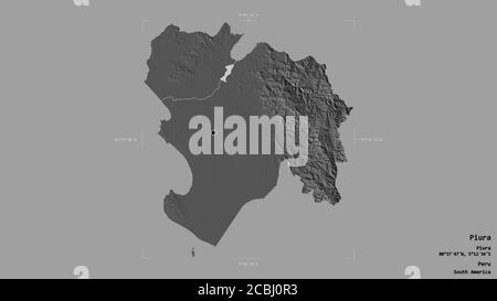 Piura, region of Peru. Bilevel elevation map with lakes and rivers ...