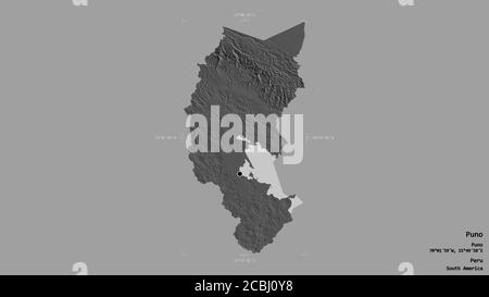 Puno, region of Peru. Bilevel elevation map with lakes and rivers Stock ...