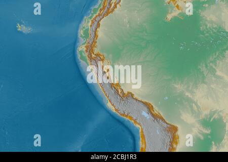 A 3D rendering of the topographic Peru map hypsometric elevation tint ...