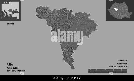 Shape of Alba, county of Romania, with its capital isolated on white ...