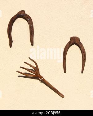 Natural wood rake or fork made from one tree branch and two single ...