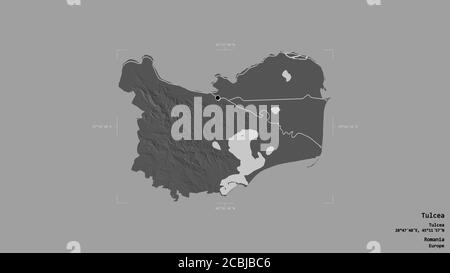 Tulcea, county of Romania. Bilevel elevation map with lakes and rivers ...