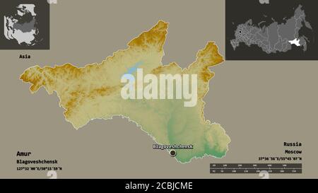 Shape of Amur, region of Russia, with its capital isolated on white ...