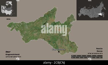 Shape of Amur, region of Russia, with its capital isolated on solid ...