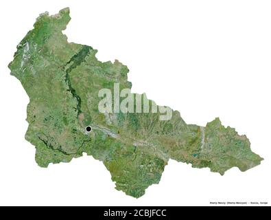 Khanty-Mansiy, autonomous province of Russia. Low resolution satellite map. Locations and names ...