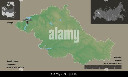 Shape of Kostroma, region of Russia, with its capital isolated on solid ...