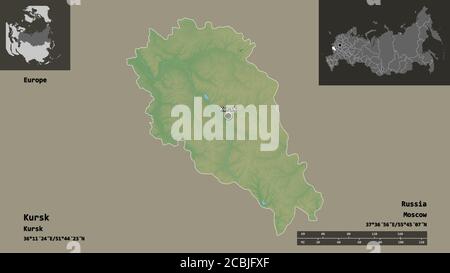 Shape of Kursk, region of Russia, with its capital isolated on white ...