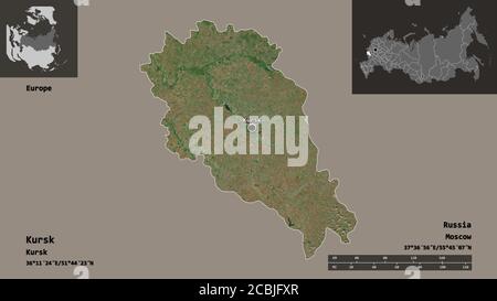 Shape of Kursk, region of Russia, with its capital isolated on solid ...