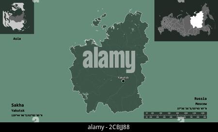 Shape of Sakha, republic of Russia, with its capital isolated on solid ...
