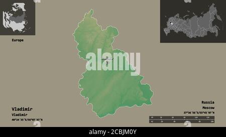 Shape of Vladimir, region of Russia, with its capital isolated on white ...
