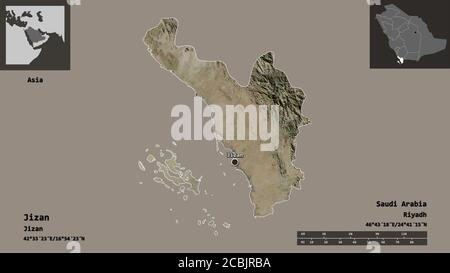Shape of Jizan, region of Saudi Arabia, and its capital. Distance scale ...