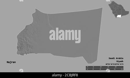 Najran, region of Saudi Arabia. Bilevel elevation map with lakes and ...