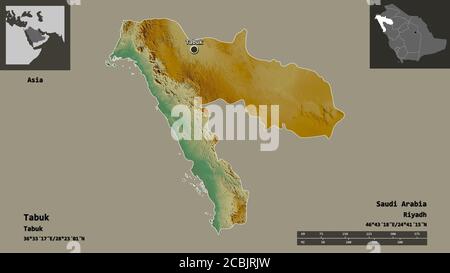 Shape of Tabuk, region of Saudi Arabia, and its capital. Distance scale ...
