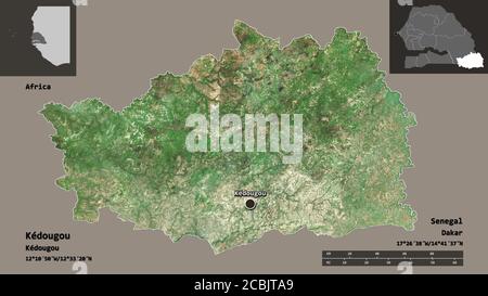 Kédougou, region of Senegal. Satellite imagery. Shape outlined against ...