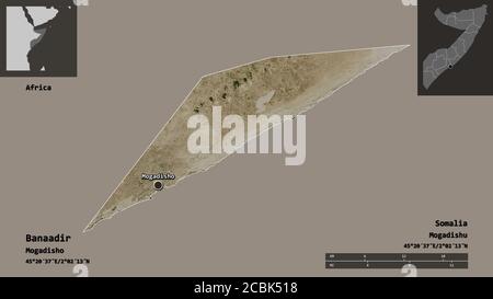 Banaadir, region of Somalia. Satellite imagery. Shape outlined against ...
