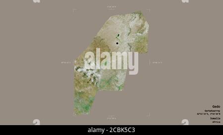 Zoom in on Gedo (region of Somalia) extruded. Oblique perspective ...