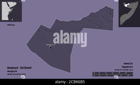 Woqooyi Galbeed, region of Somalia. Colored relief with lakes and ...