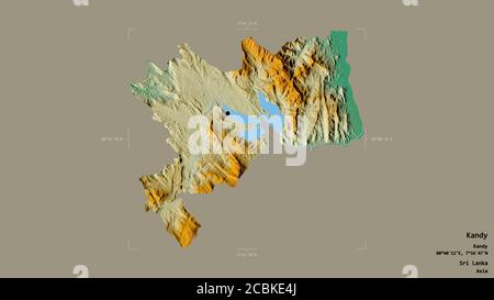 Zoom in on Kandy (district of Sri Lanka) outlined. Oblique perspective ...