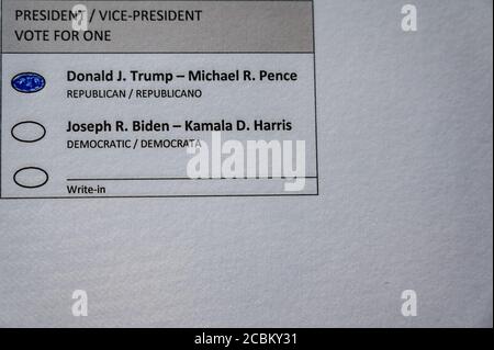 Sample ballot for 2020 US president completed for a vote for Donald ...