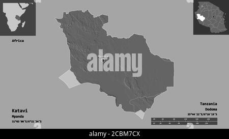 Shape of Katavi, region of Tanzania, with its capital isolated on white ...