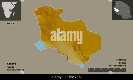 Shape of Katavi, region of Tanzania, with its capital isolated on white ...