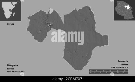 Manyara, region of Tanzania. Bilevel elevation map with lakes and ...
