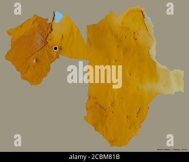Manyara, region of Tanzania. Solid color shape. Locations and names of ...