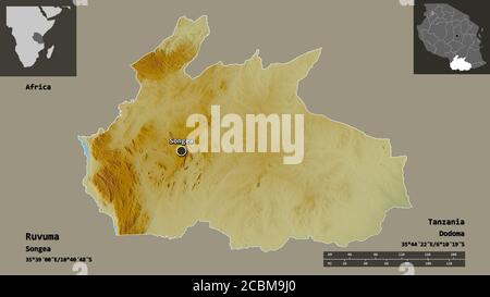 Shape of Ruvuma, region of Tanzania, and its capital. Distance scale ...